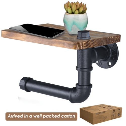 (9.8 in - Rustic Brown) Industrial Toilet Paper Holder with Shelf, – Livinq