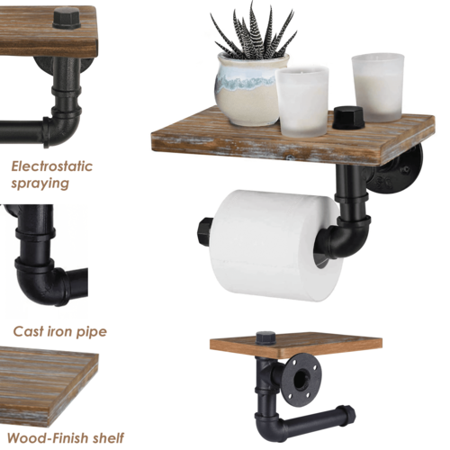 (9.8 in - Rustic Brown) Industrial Toilet Paper Holder with Shelf, – Livinq